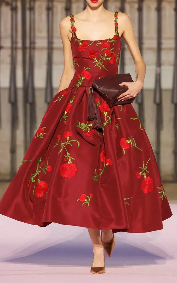 Carolina Herrera Embroidered Silk Faille Drop-waist Dress - Red