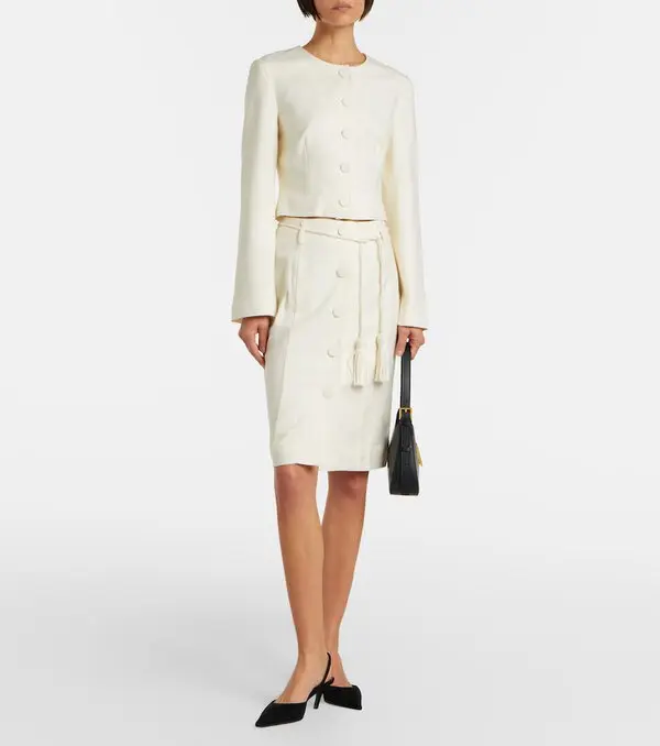 Posse Elspeth Belted Wool Midi Skirt In Cream - White