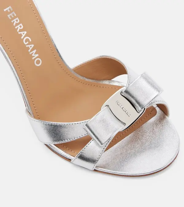 FERRAGAMO Bow-detail Metallic Leather Sandals - Silver