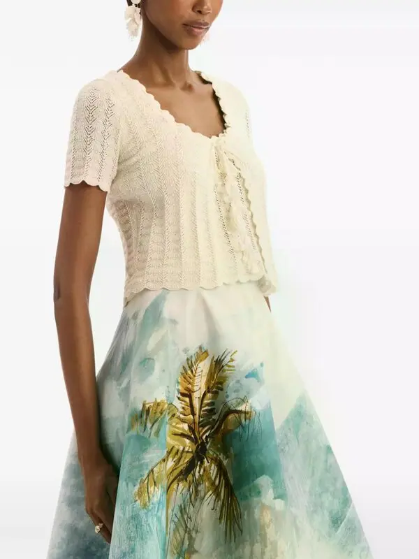 Oscar De La Renta Pointelle Knit Short Sleeve Cardigan With Scallop Trim - Neutrals
