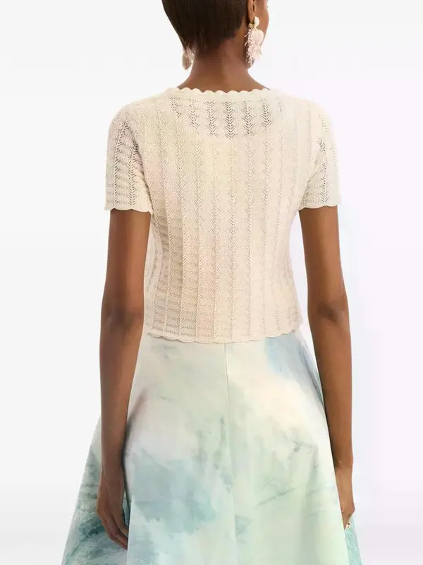 Oscar De La Renta Pointelle Knit Short Sleeve Cardigan With Scallop Trim - Neutrals