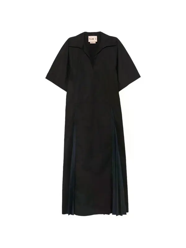 Plan C Pleated Panel V-neck Midi Dress - Black