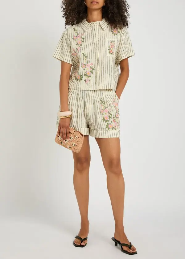 Agua Bendita Rommy Embroidered Striped Cotton-blend Shorts - Multicoloured