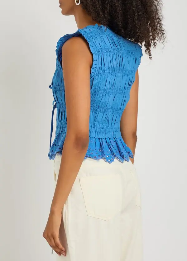 Rails Martine Smocked Cotton-poplin Top With Embroidery