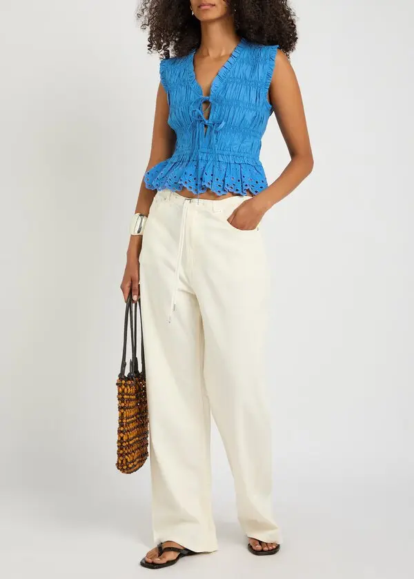 Rails Martine Smocked Cotton-poplin Top With Embroidery