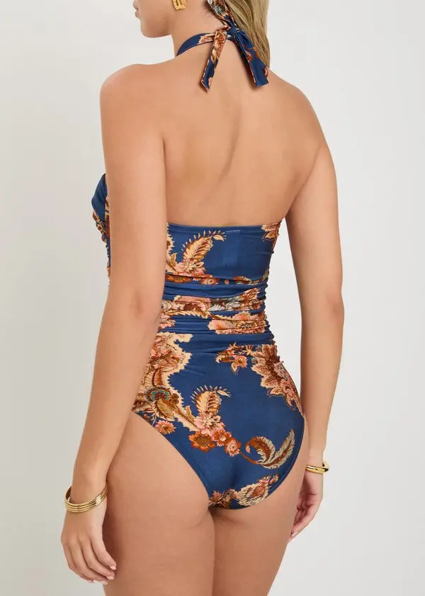 Zimmermann Aster Printed Halterneck Swimsuit - Navy