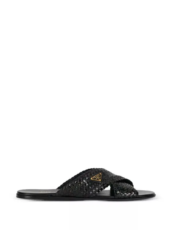 Prada Leather Crisscross Slides - Black