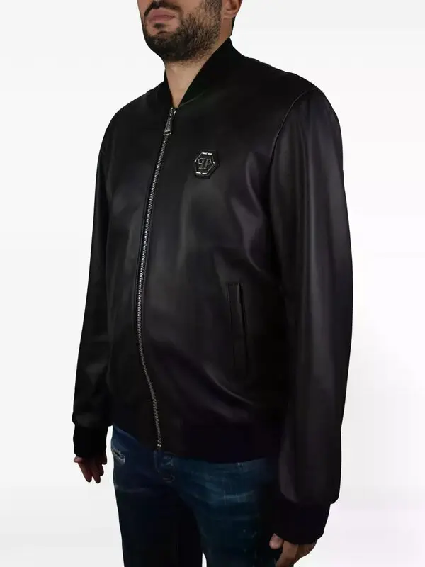 Philipp Plein Hexagonal Logo Leather Bomber Jacket