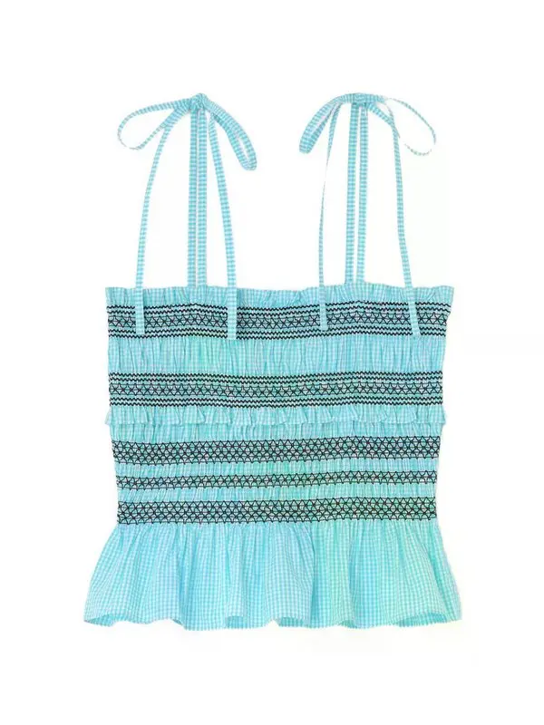 GANNI Shirred Gingham Check Top - Aqua