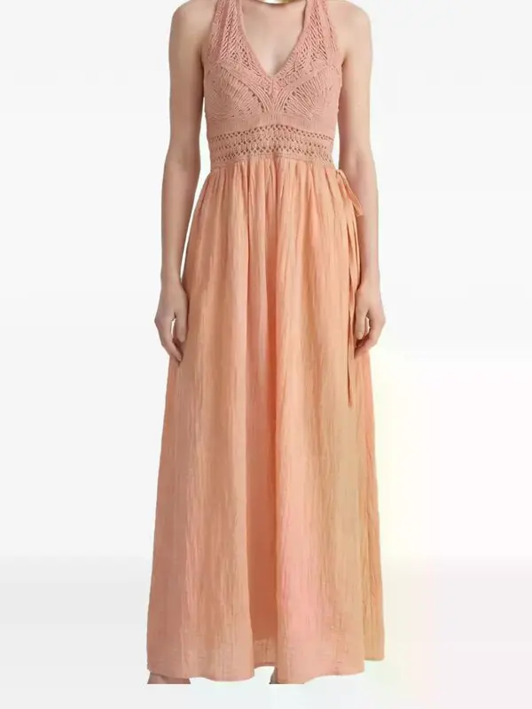 120% Lino Crochet Halterneck Maxi Dress - Pink