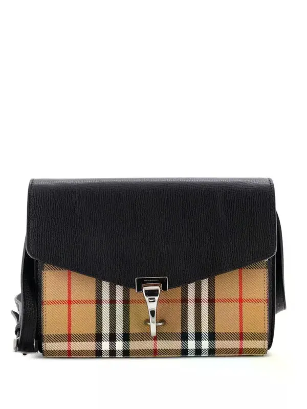 Burberry Small Crossbody Bag In Leather And Vintage Check Canvas - Black