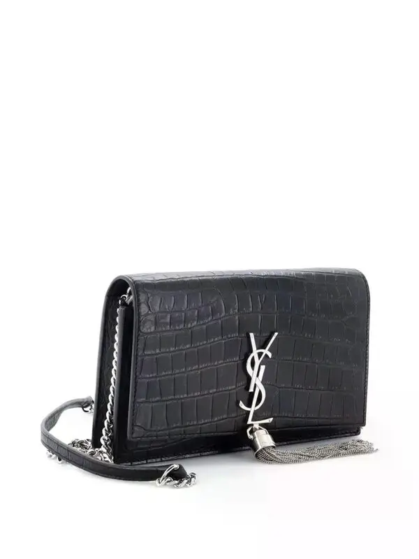 Saint Laurent Monogram Chain Wallet Crocodile Embossed Leather Crossbody Bag - Black