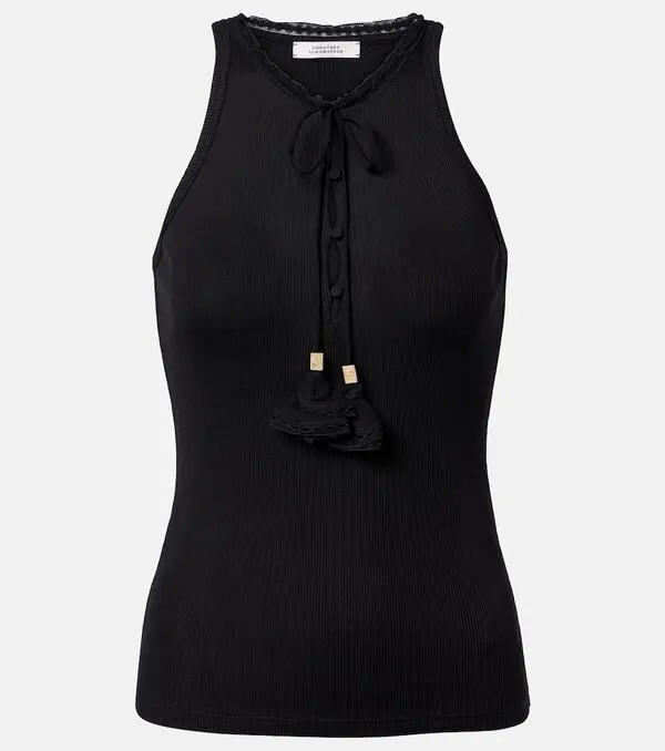 Dorothee Schumacher Ribbed-knit Cotton Tank Top With Drawstring Collar - Black