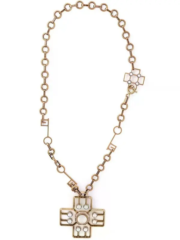 LANVIN Gold Brass Cross Pendant Necklace With Stone Embellishments - Metallic