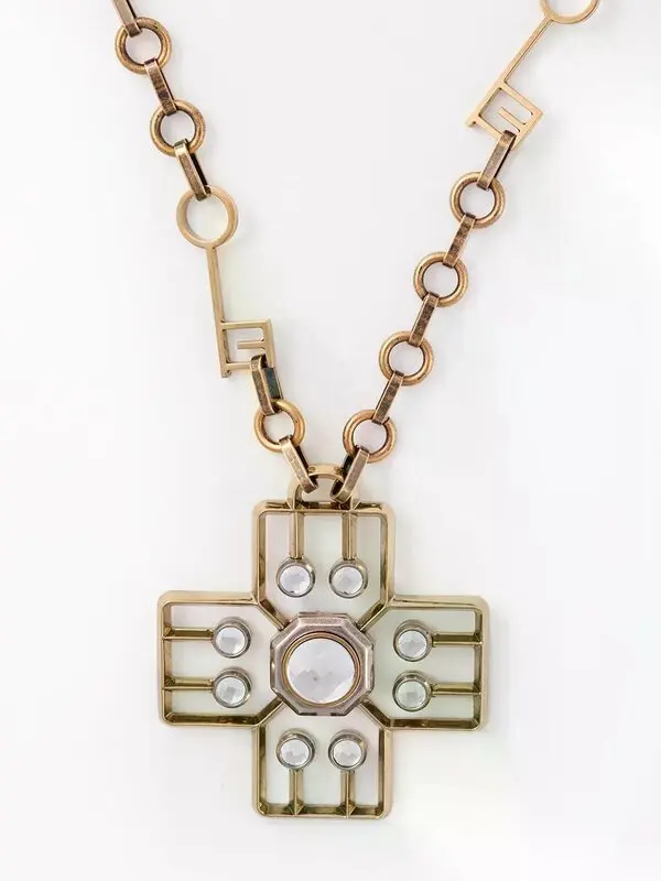 LANVIN Gold Brass Cross Pendant Necklace With Stone Embellishments
