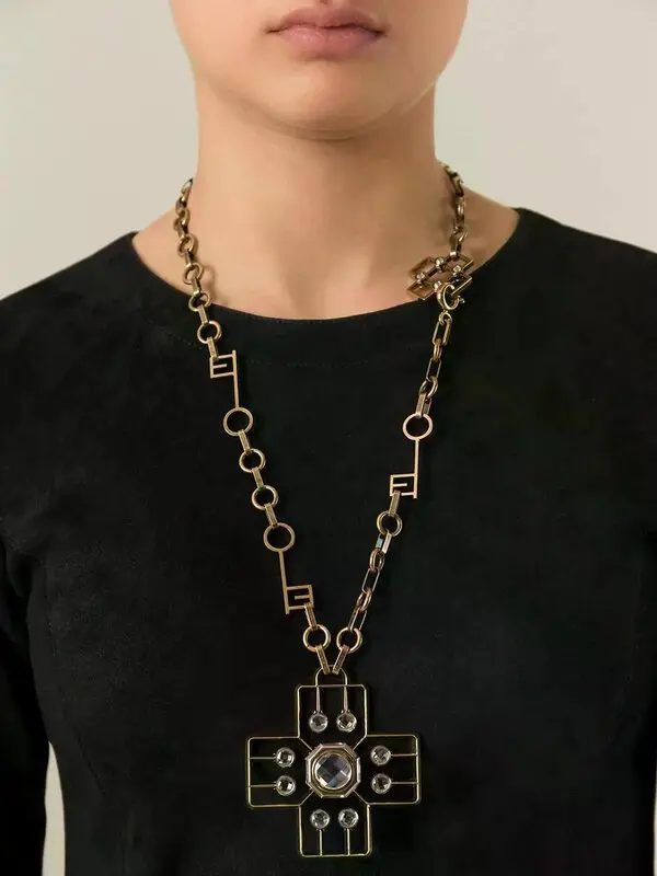LANVIN Gold Brass Cross Pendant Necklace With Stone Embellishments