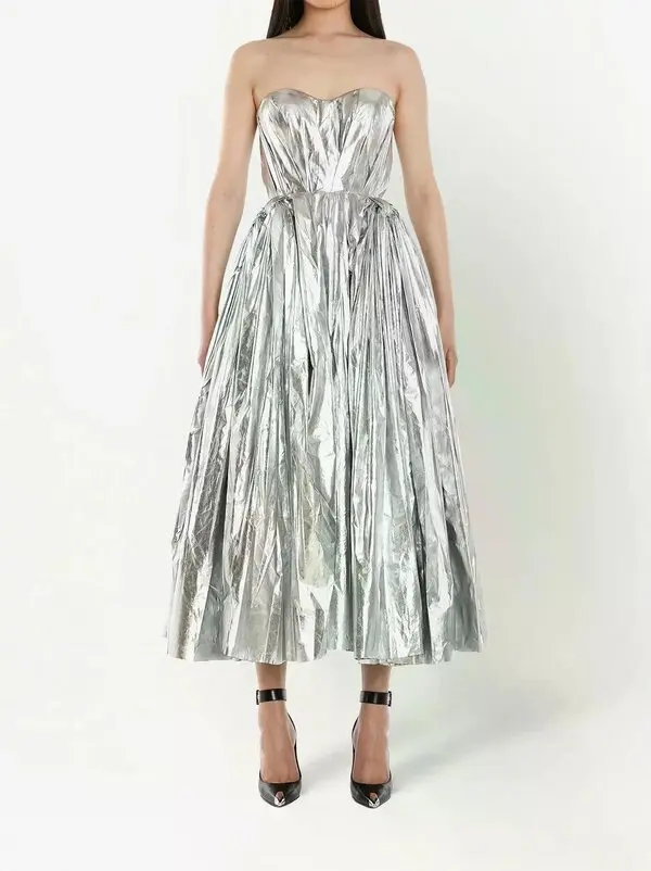 Alexander McQueen Metallic Finish Pleated Bustier Midi Dress