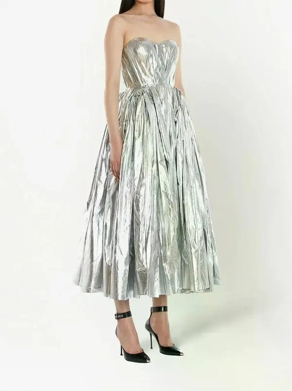 Alexander McQueen Metallic Finish Pleated Bustier Midi Dress