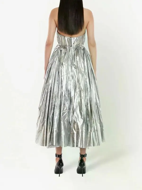 Alexander McQueen Metallic Finish Pleated Bustier Midi Dress