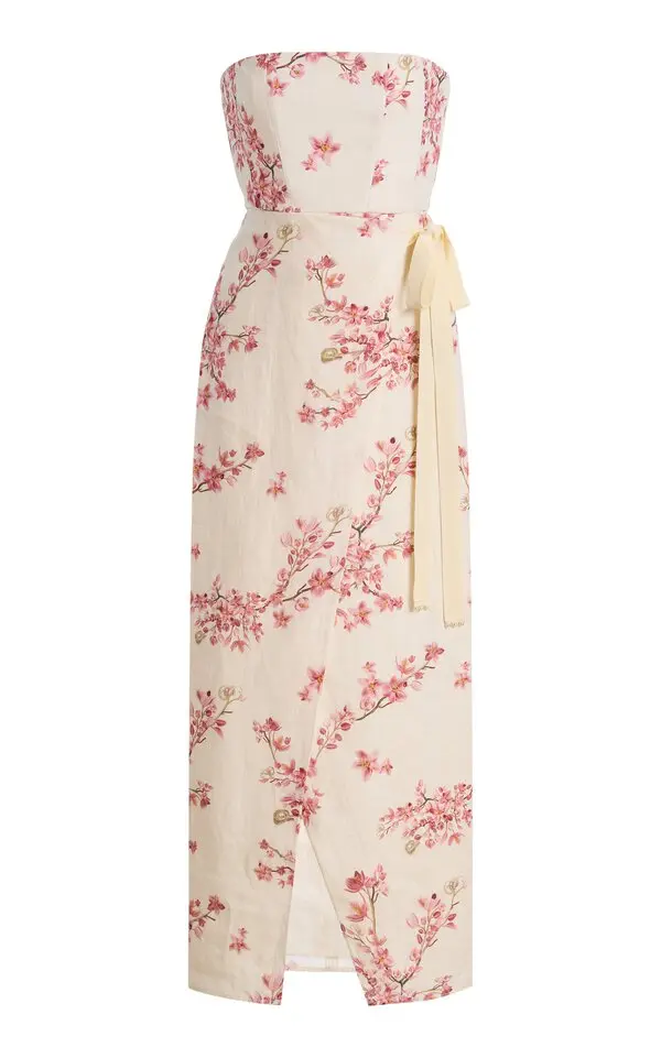 Agua Bendita Linen Maxi Dress With Floral Embroidery And Bow Detail - Multi