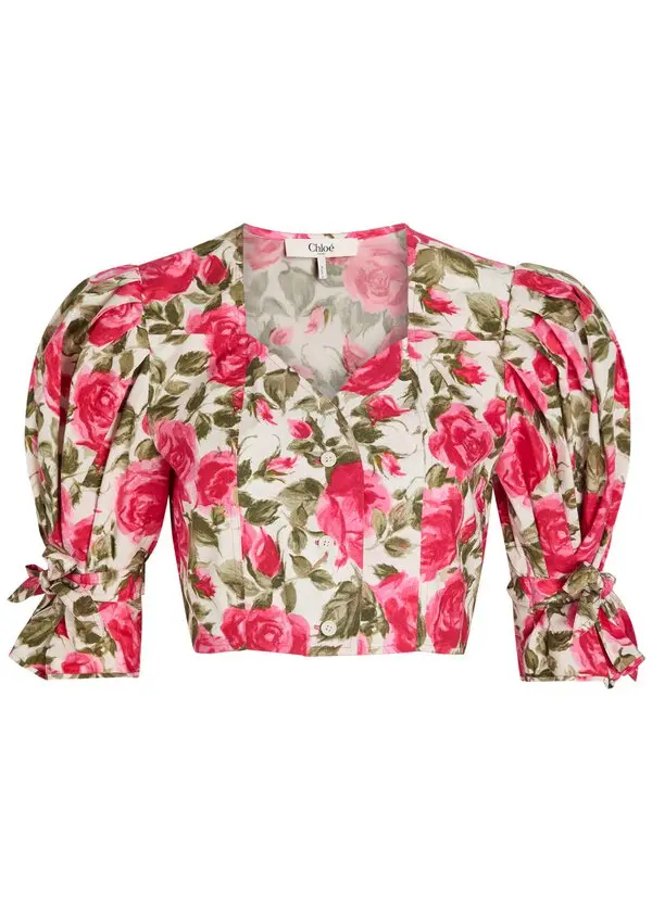 Chloé Floral-print Cotton-poplin Cropped Blouse With Puff Sleeves - Pink