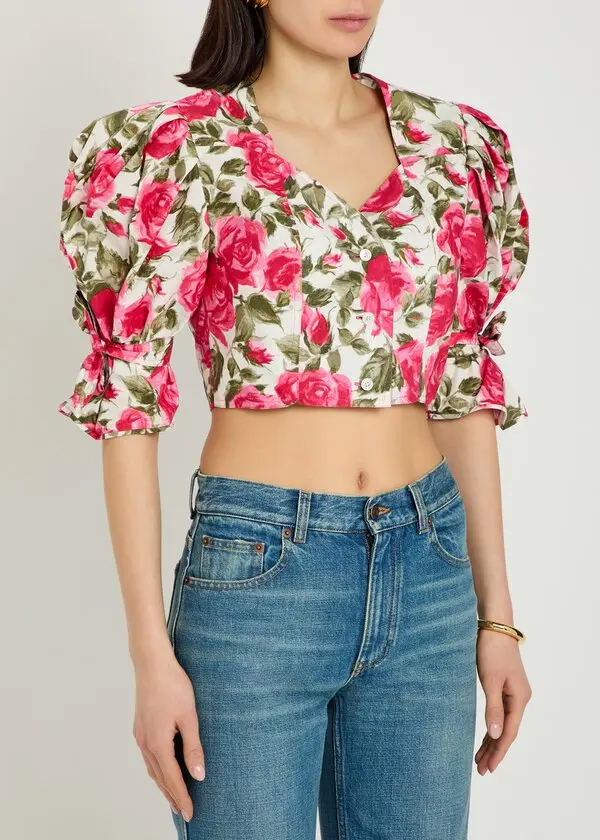 Chloé Floral-print Cotton-poplin Cropped Blouse With Puff Sleeves - Pink
