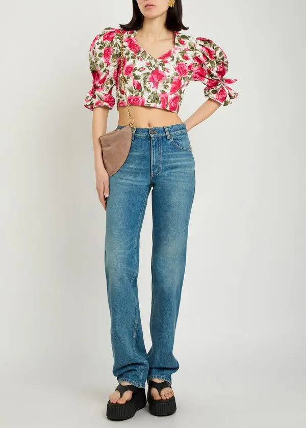 Chloé Floral-print Cotton-poplin Cropped Blouse With Puff Sleeves - Pink