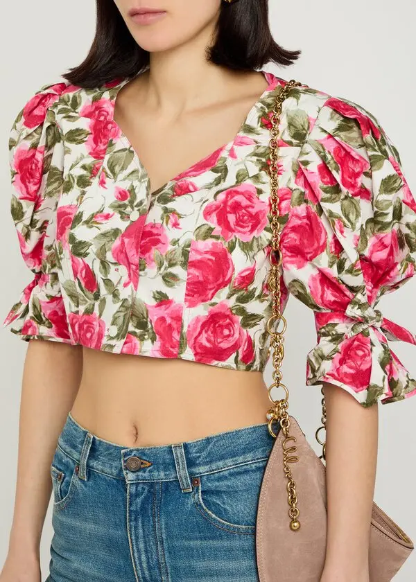 Chloé Floral-print Cotton-poplin Cropped Blouse With Puff Sleeves - Pink