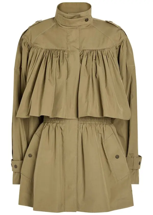 Chloé Gathered Cotton-poplin Coat - Olive