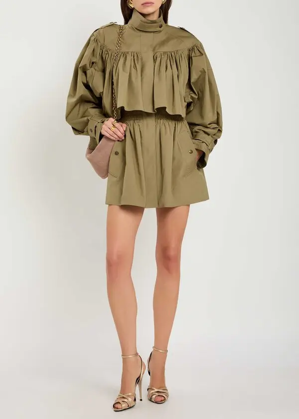 Chloé Gathered Cotton-poplin Coat - Olive
