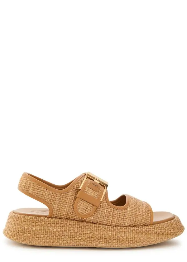 TOD'S Raffia Flatform Sandals With Leather Trim - Camel