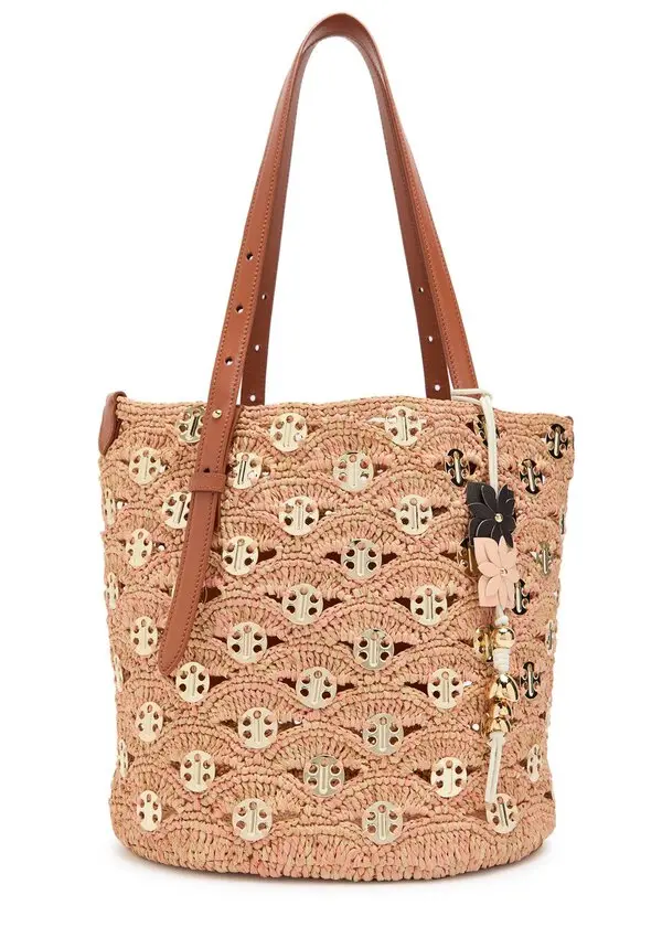 Rabanne Raffia Disc Embellished Bucket Tote Bag - Peach