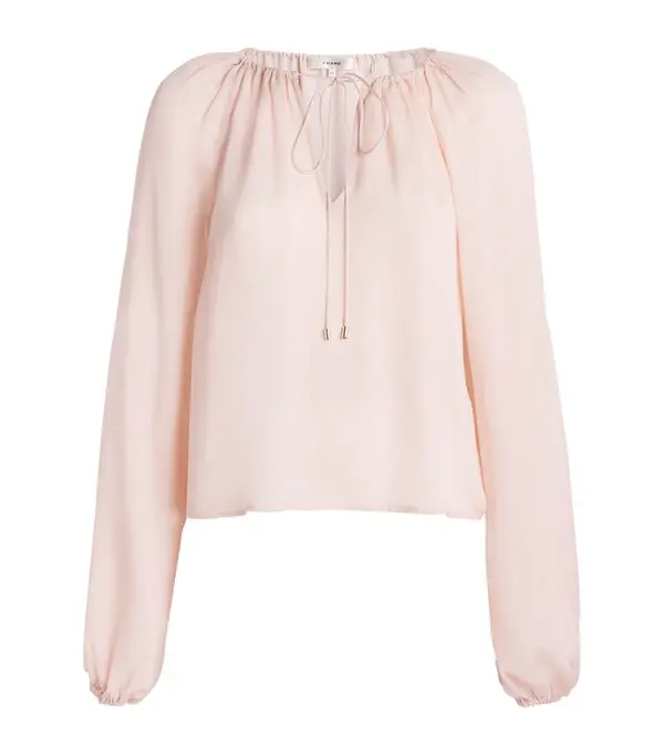 FRAME Silk Gathered Neckline Balloon Sleeve Blouse - Pink