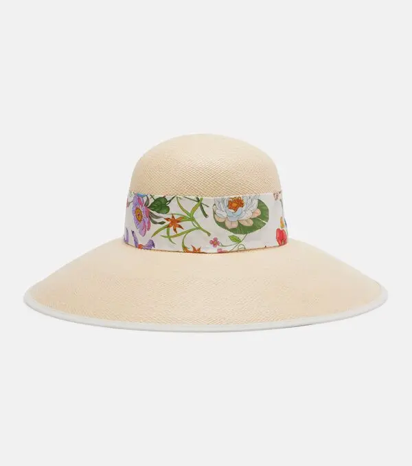 Gucci Flora Silk-trimmed Panama Hat - Beige