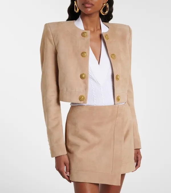 Balmain Suede Cropped Jacket With Button Detail - Beige
