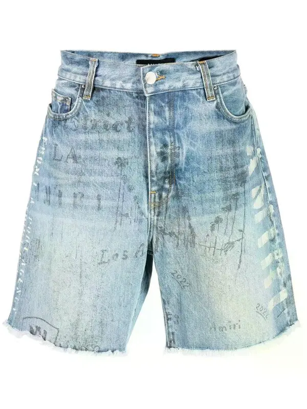 Amiri All-over Logo Print Denim Shorts - Blue