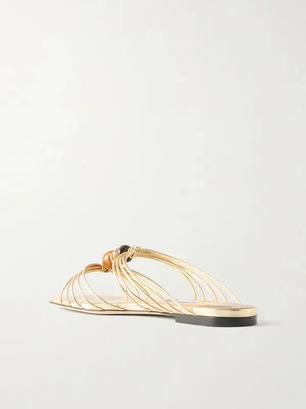 JIMMY CHOO Lova Embellished Metallic Leather Flat Sandals - Gold