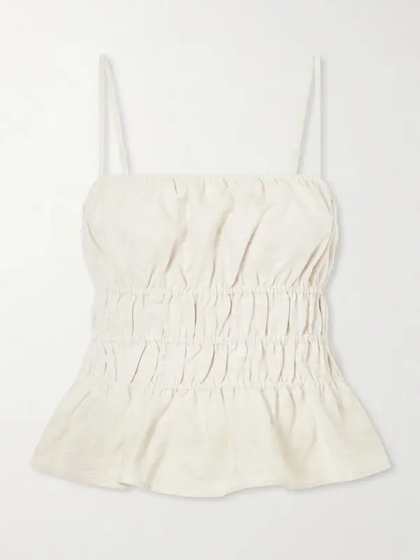 Staud Ayla Shirred Linen Square Neck Camisole - Neutrals