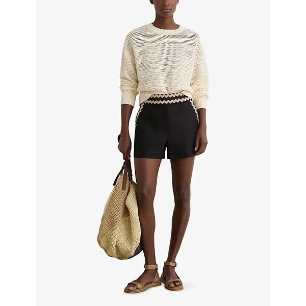 REISS Mila Wave-trim Linen Shorts - Black