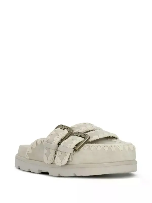 Mou Cream Crochet Trim Buckle-fastening Mules