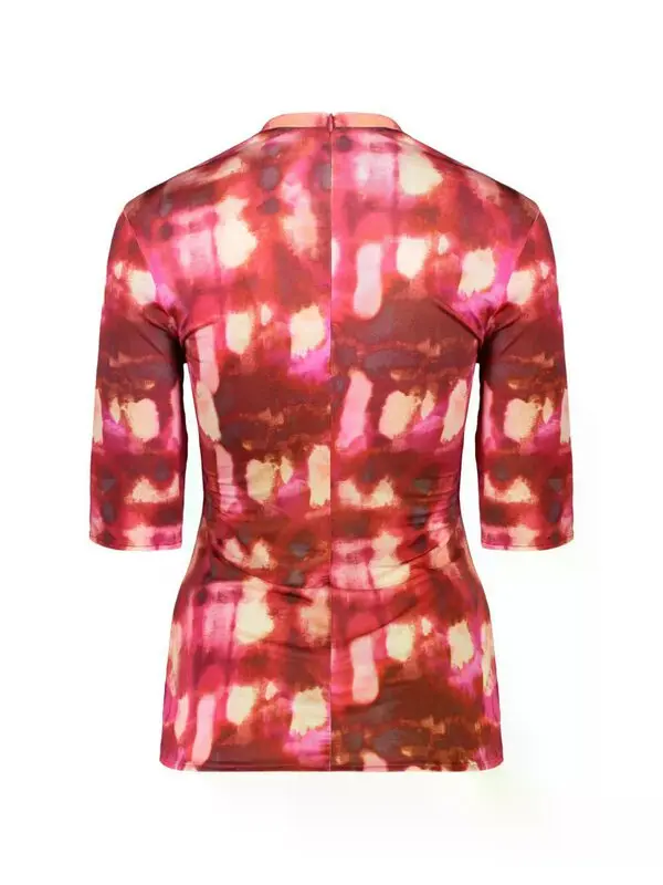 ELLERY Abstract Print High Collar Three-quarter Sleeve Top - Red