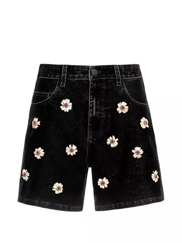 Agua Bendita Dahlia Flower Embellished Denim Shorts