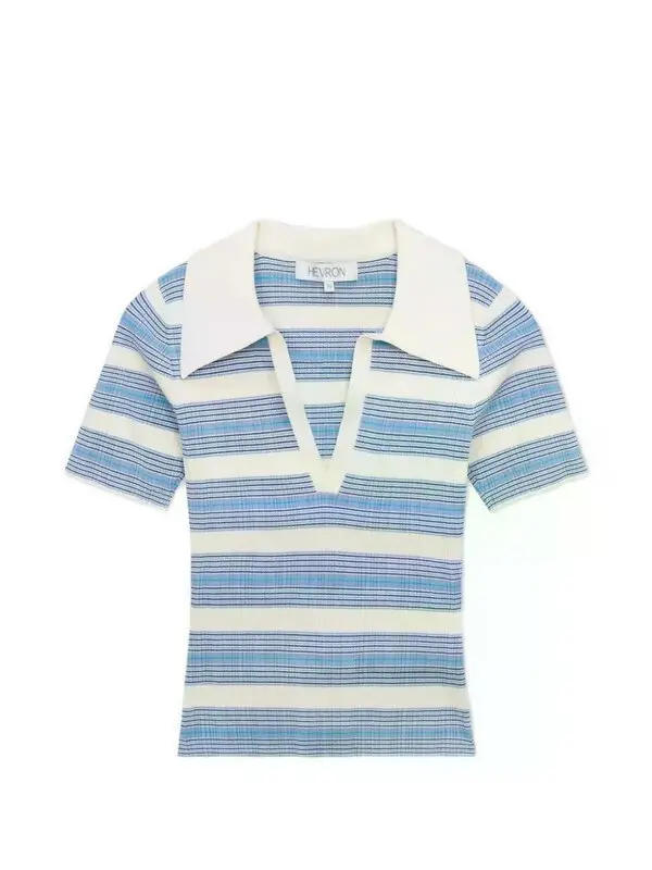 HEVRON Daisy Striped Top With Spread Collar - Blue
