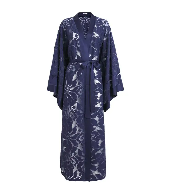 BOCAN Satin Lace-trim Clematis Robe - Navy