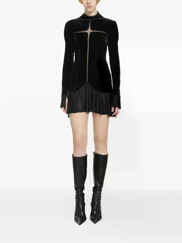 DAISY Velvet Pleated-skirt Mini Dress With High Neck And Long Sleeves