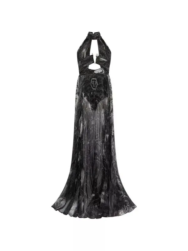 Philipp Plein Zodiac Print Halterneck Gown - Black