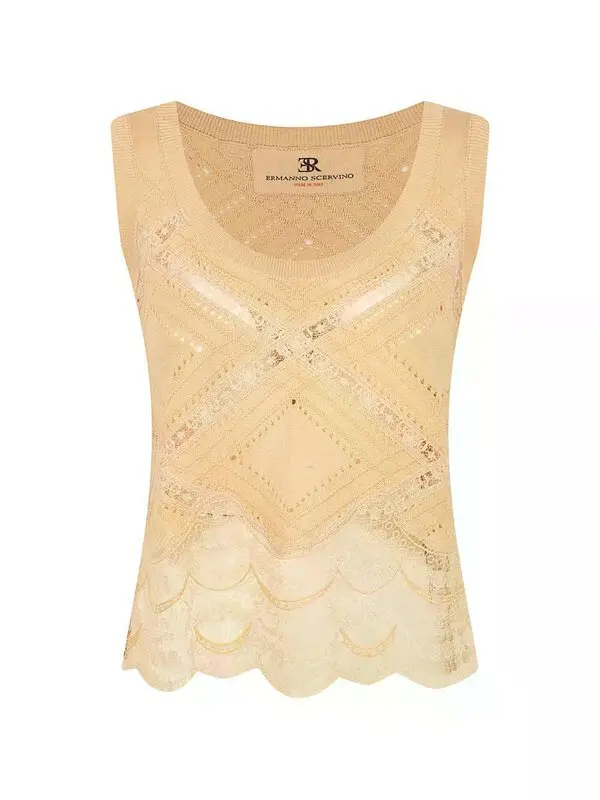 Ermanno Scervino Lace-trimmed Pointelle-knit Sleeveless Top - Neutrals
