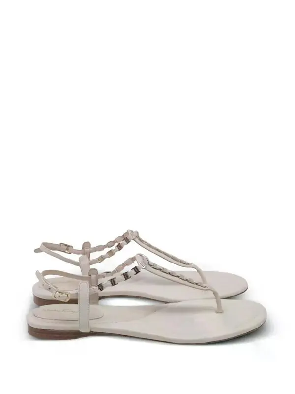 FERRAGAMO White Leather Chain-link Detail T-strap Sandals