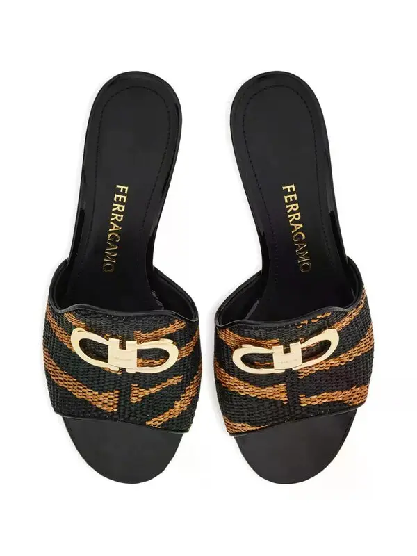 FERRAGAMO Gancini Ornament Mid-heel Raffia Slides