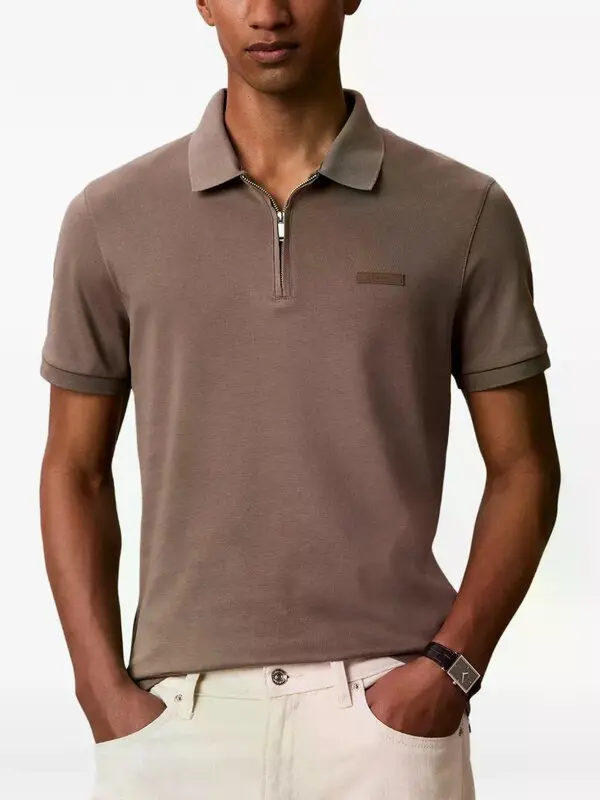 Calvin Klein Logo-patch Zip-neck Polo Shirt - Brown